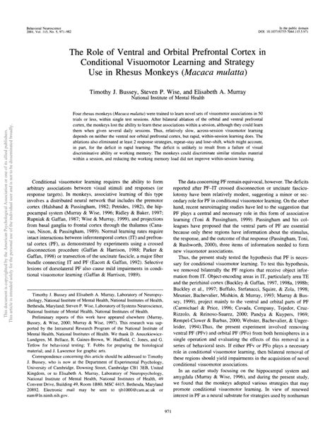 The Role Of Ventral And Orbital Prefrontal Cortex In Conditional Visuomotor Learning And