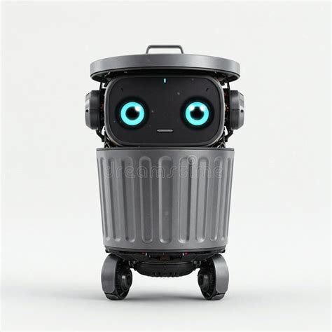 Cute Trash Can Robot With Glowing Eyes Standing On White Background
