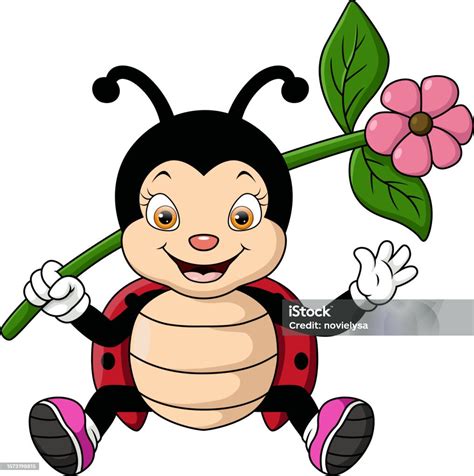 Ilustración De Linda Mariquita De Dibujos Animados Sosteniendo La Flor Y Más Vectores Libres De