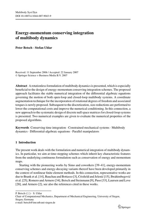 Pdf Energy Momentum Conserving Integration Of Multibody Dynamics