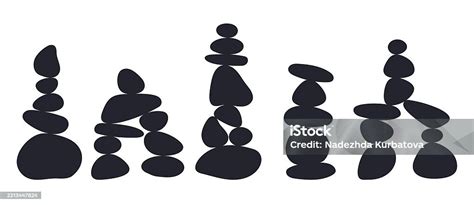 매끄러운 돌의 균형을 잡습니다 검은 실루엣 조약돌 피라미드 둥근 자갈 모양 천연 바위 스파 조약돌 더미 선의 차분함과 조화 돌 탑 벡터 화강암 바위 말뚝 세트 개체 그룹에