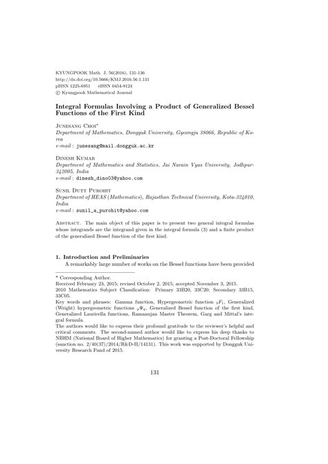 Pdf Integral Formulas Involving A Product Of Generalized Bessel Functions Of The First Kind