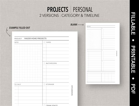 PERSONAL FILLABLE PROJECTS Insert Fillable Printable 2 Versions Category Or Timeline