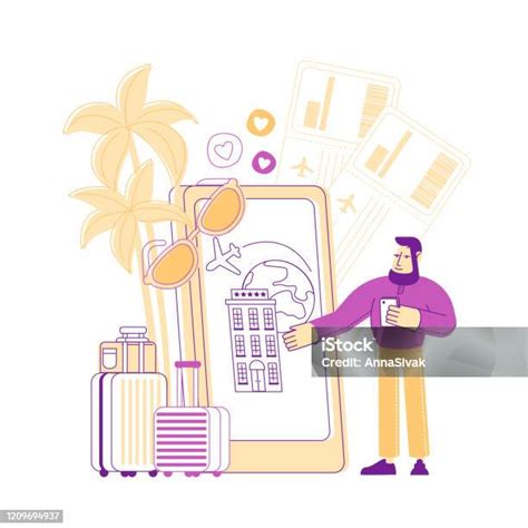 여행자는 경로 Gps 예약 숙박 시설과 비행기 티켓 장소의 위치를 검색하기 위해 휴대 전화 응용 프로그램을 사용합니다 라이프 스타일 만화 평면 벡터 일러스트 라인 아트에서