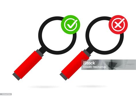 돋보기와 진드기와 십자가 아이콘을 돋보이게합니다 테스트 개념 답을 검색합니다 예 및 아니오 기호 도스와 돈츠 벡터 그림입니다 개념에 대한 스톡 벡터 아트 및 기타 이미지