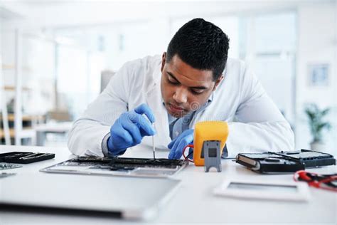 Technology Hardware And Man In Lab With Laptop For Motherboard