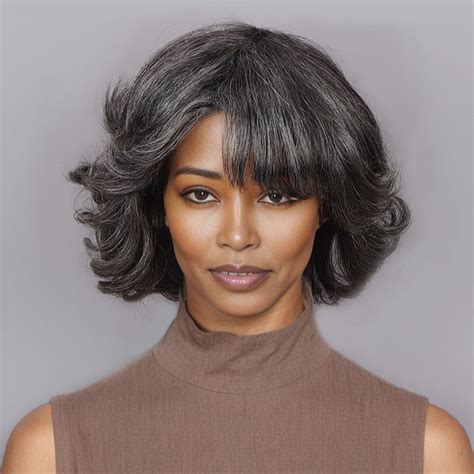 Medium Salt And Pepper Wear Go Human Hair Wigs With Bangs Natural Wavy
