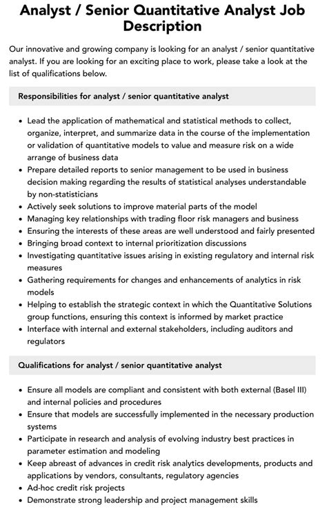 Analyst Senior Quantitative Analyst Job Description Velvet Jobs