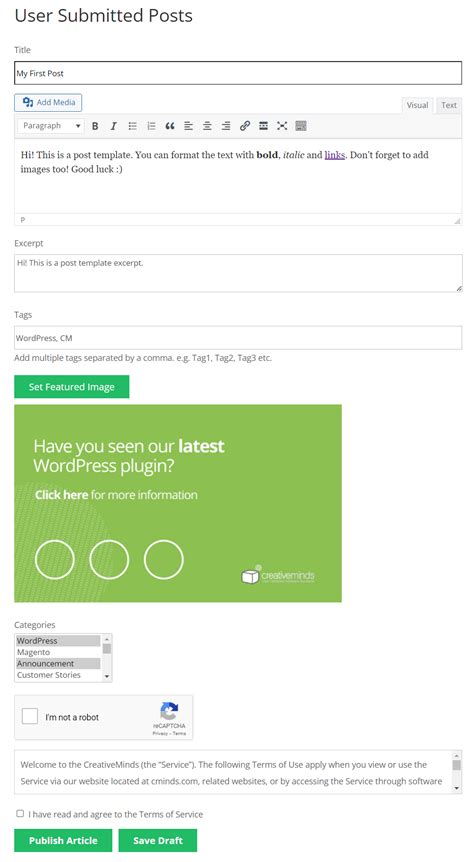 Wordpress User Submitted Posts Editing What Appears In The Submission Form Creativeminds