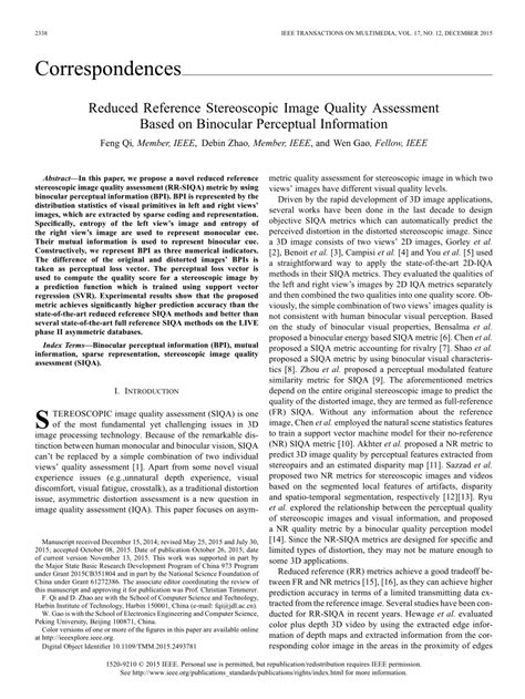 Pdf Reduced Reference Stereoscopic Image Quality Assessment Based On Binocular Perceptual