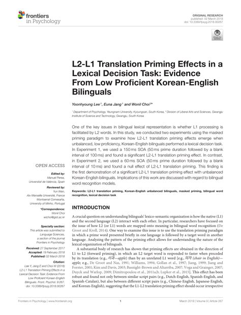 Pdf L2 L1 Translation Priming Effects In A Lexical Decision Task Evidence From Low Proficient