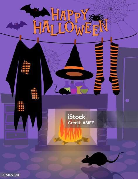 벽난로 앞의 빨랫줄에 매달려 있는 마녀 옷의 그림이 있는 재미있는 할로윈 인사말 카드 또는 초대장 실내에 대한 스톡 벡터 아트 및 기타 이미지 Istock