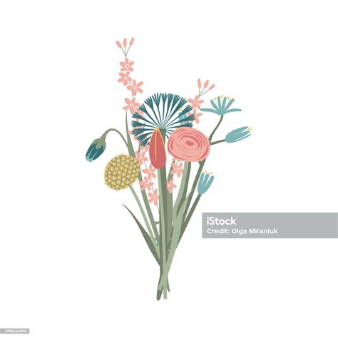 벡터 색상은 흰색 배경에 고립 된 이른 봄 꽃다발과 함께 평면 일러스트를 손으로 그린 평면 그림 엽서의 경우 인사말 카드 템플릿 계절에 대한 스톡 벡터 아트 및 기타 이미지