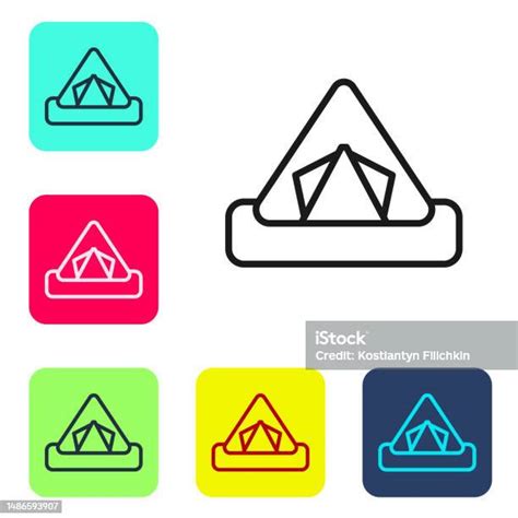 흰색 배경에 고립 된 검은 줄 관광 텐트 아이콘 캠핑 기호 색상 정사각형 단추로 아이콘을 설정합니다 벡터 3차원 형태에 대한 스톡 벡터 아트 및 기타 이미지 Istock