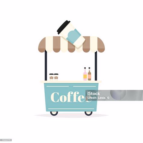 뜨거운 커피 키오스크 길거리 음식 손수레 벡터 일러스트입니다 상점에 대한 스톡 벡터 아트 및 기타 이미지 상점 개체 그룹