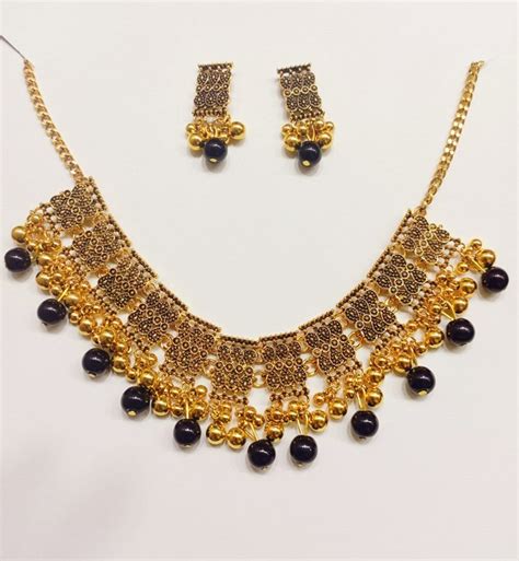 Indian Dull Golden Choker Necklace Set With Red Moti Zv Zeverat Pk