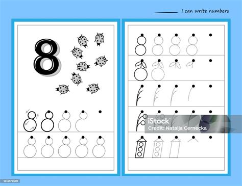 숫자 8을 세고 추적하는 법을 배웁니다 어린 아이들을 위한 교육 페이지 세트입니다 숫자를 쓸 수 있습니다 학교 수학 교과서를 위한 흑백 인쇄 가능한 워크시트 어린이 활동