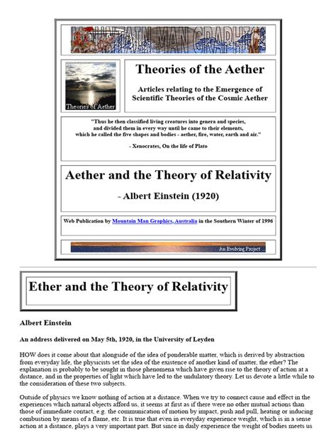 Aether And Relativity Einstein 1920 Theories Of The Aether Pdf Luminiferous Aether