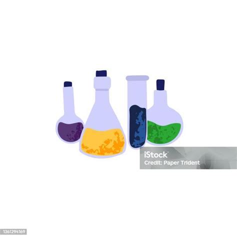 유리 튜브 플라스크 비커의 물약 액체 매직 유체 독에 에센스 화학 용액 및 물질 연금술 유리 제품 흰색 배경에 격리된 컬러 플랫 그래픽 벡터 일러스트레이션 0명에 대한 스톡