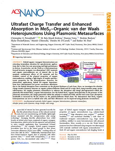 Pdf Ultrafast Charge Transfer And Enhanced Absorption In Mos2 Organic Van Der Waals
