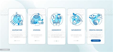 개념과 모바일 앱 페이지 화면 온보딩 전통적인 대체 의학 동종 요법 아유르베다 연습 5 단계 그래픽 지침 Rgb 색상 일러스트레이션이 있는 Ui 벡터 템플릿 5에 대한 스톡