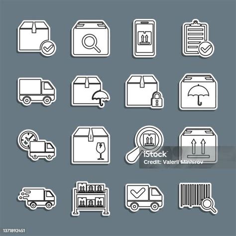 세트 라인 검색 바코드 트래픽골판지 상자 배달 패키지 우산 모바일 앱 추적 화물 트럭 차량 패키지 확인 표시 및 잠긴 아이콘