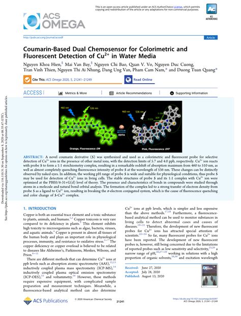 Pdf Coumarin Based Dual Chemosensor For Colorimetric And Fluorescent Detection Of Cu 2 In