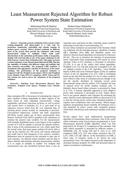 Pdf Least Measurement Rejected Algorithm For Robust Power System