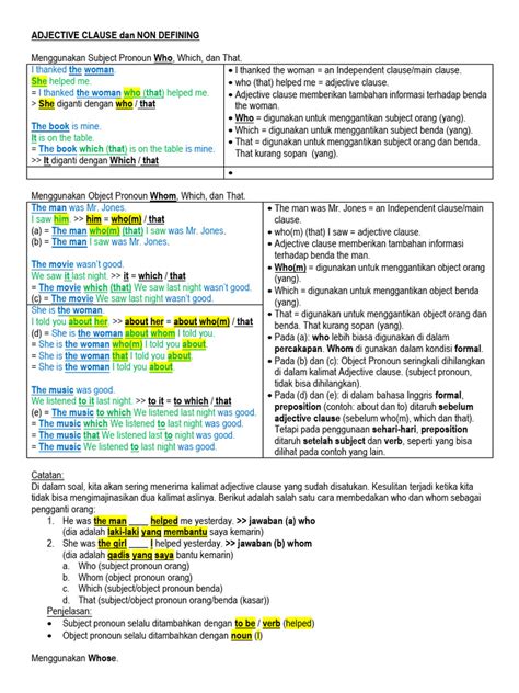 Adjective Clause Non Defining Who Whom Whic That Whose Where When Pdf Pronoun Linguistic