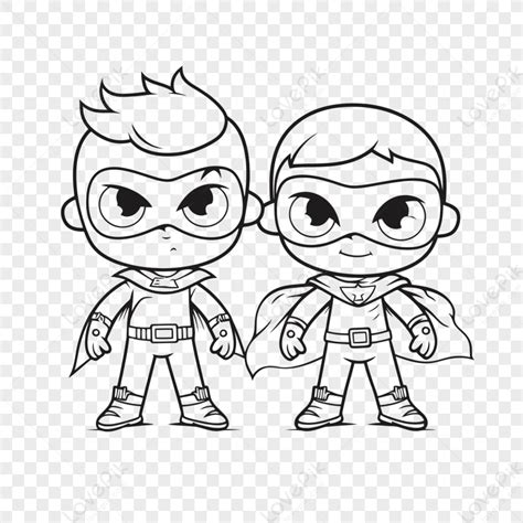 슈퍼 히어로 의상을 입은 두 소년 색칠 페이지 개요 스케치 드로잉 벡터개요 예술안경 Png 일러스트 무료 다운로드 Lovepik