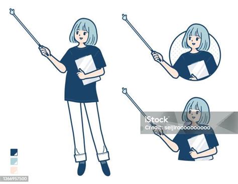 포인팅 스틱 이미지가 있는 설명이 있는 큰 크기의 티셔츠를 입은 여성 T 셔츠에 대한 스톡 벡터 아트 및 기타 이미지 T 셔츠 교육 귀여운 Istock