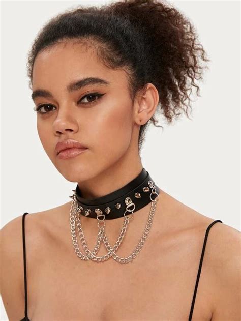 Halsband Mit Kette Dekor Und Nieten 1 Stück Shein Enger Kragen Halsband Schwarze Choker