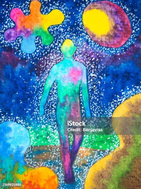 추상 인간의 Editer 잇다 우주 평화 비어 있는 감정 마음 정신 건강 정신적인 명상 영혼 신체 치료 미술 삽화 수채화 그림 초현실적 인 의식적인 상상하다 개념