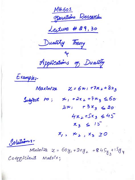 Duality Theory In Operations Research Lecture 2930 Pdf