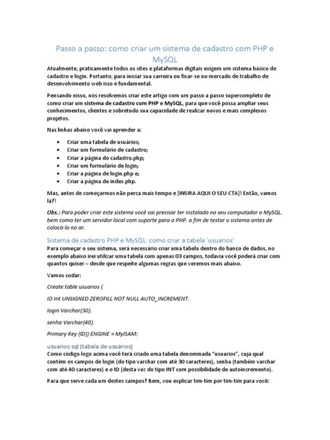 Sistema De Cadastro Php E Mysql Em 7 Passos Pdf Php Folhas De