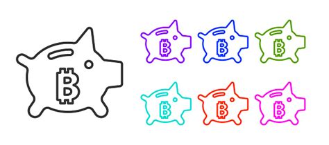 검은 줄 돼지 은행 비트 코인 아이콘 흰색 배경에 격리 아이콘 절약 또는 돈 투자의 축적 다채로운 아이콘을 설정합니다 벡터 경제에 대한 스톡 벡터 아트 및 기타 이미지