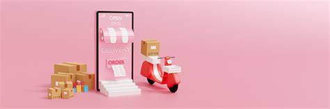 온라인 배달 서비스 개념 모바일 응용 프로그램에 온라인 쇼핑 스쿠터 또는 오토바이 서비스 전자 상거래 개념 스마트 폰 모형 고립 된 핑크 배경 3d 렌더링으로 전송 배달에