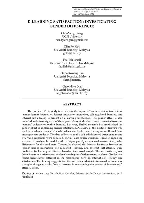Pdf E Learning Satisfaction Investigating Gender Differences