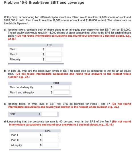 Solved Problem 16 6 Break Even Ebit And Leverage Kolby Corp