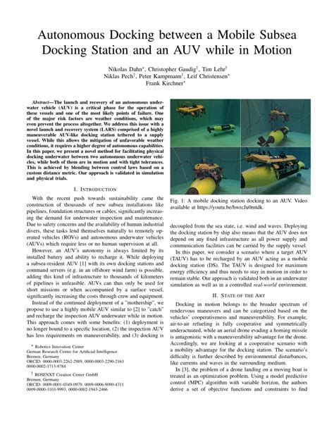 Pdf Autonomous Docking Between A Mobile Subsea Docking Station And An