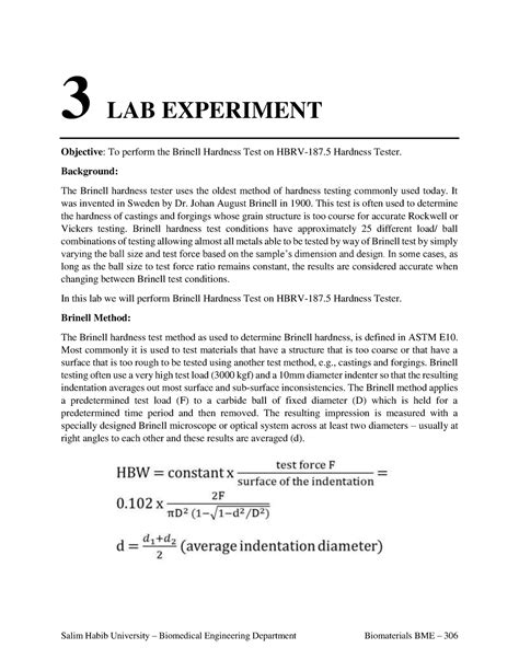 Biomaterials Lab 3 Hardness Test Brinell Amna Wagley S20bme08 3 Lab Experiment Objective