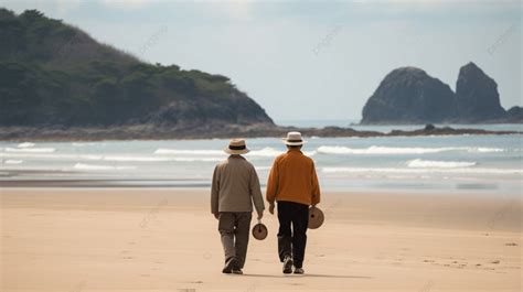 두 남자가 모자를 쓰고 해변을 걷고 있다 해변을 걷고 있는 두 남자의 뒷모습 고화질 사진 사진 물 배경 일러스트 및 사진 무료 다운로드 Pngtree