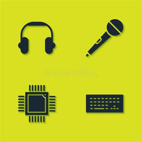 Set Headphones Keyboard Processor With Microcircuits Cpu And Microphone Icon Vector Stock