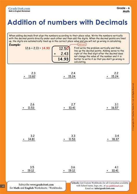 Decimal Addition Worksheets Grade Grade To Com
