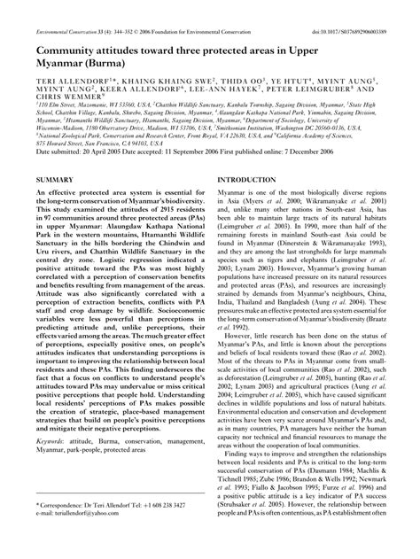 Pdf Community Attitudes Toward Three Protected Areas In Upper Myanmar Burma