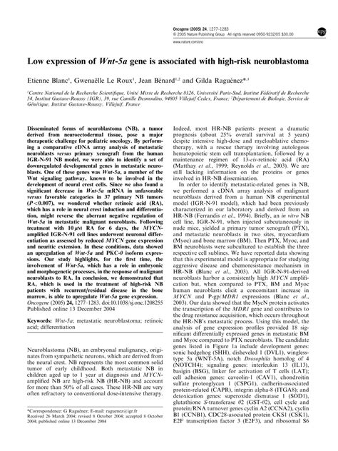 Pdf Low Expression Of Wnt 5a Is Associated With High Risk Neuroblastoma