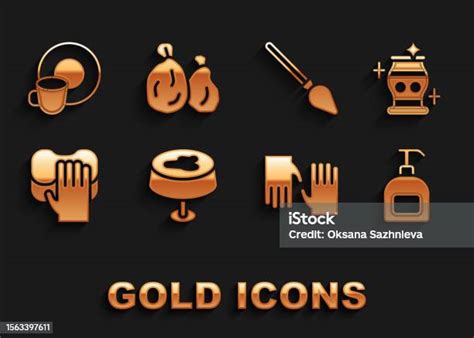 식탁보에 얼룩을 묻히고 꽃병을 청소하고 액체 비누 병 고무 장갑 청소 서비스 빗자루 손잡이 설거지 및 쓰레기 봉투 아이콘을 설정하십시오 벡터 가방에 대한 스톡 벡터 아트 및