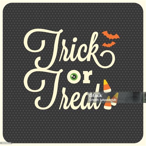 속임수 또는 안구 사탕 옥수수 박쥐와 인쇄 상의 치료 할로윈 인사말 카드 또는 포스터에 대 한 빈티지 스타일 디자인 고풍스런에 대한 스톡 벡터 아트 및 기타 이미지 Istock