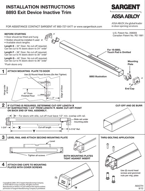 Sargent A6427h 8893 Exit Device Inactive Trim Installation Instructions