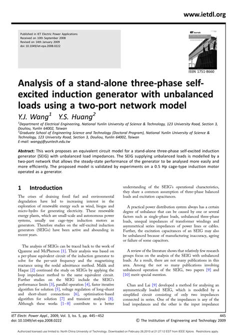 Pdf Analysis Of A Stand Alone Three Phase Selfexcited Induction Generator With Unbalanced